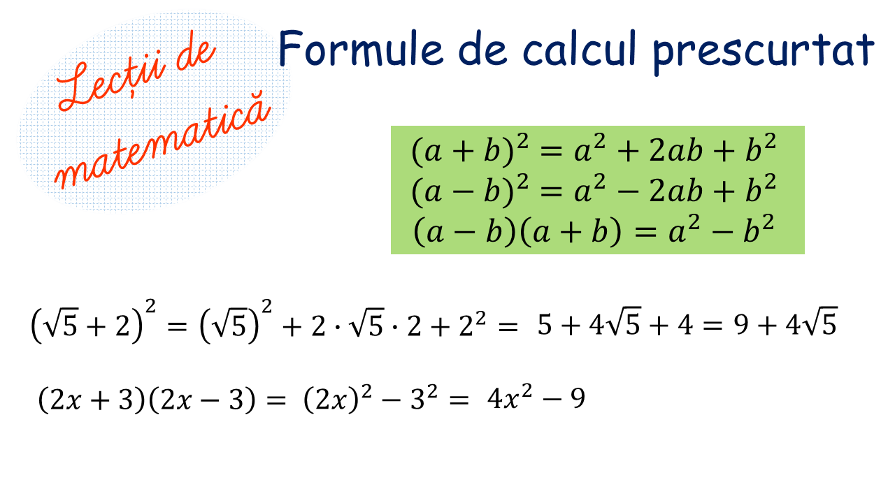 Formule de calcul prescurtat: patratul sumei, patratul diferentei ...